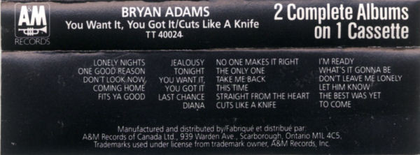 Bryan Adams - You Want It, You Got It / Cuts Like A Knife | A&M Records ...